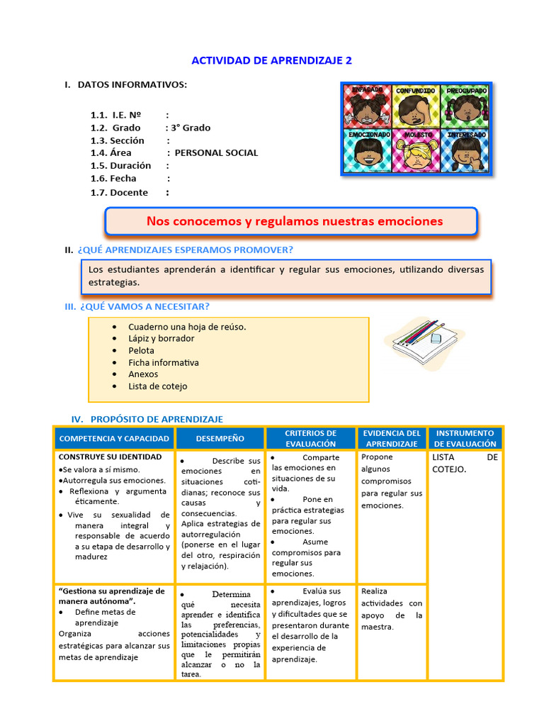 D1 A2 SESION PS. Nos Conocemos y Regulamos Nuestras Emociones | PDF | Las emociones | Evaluación