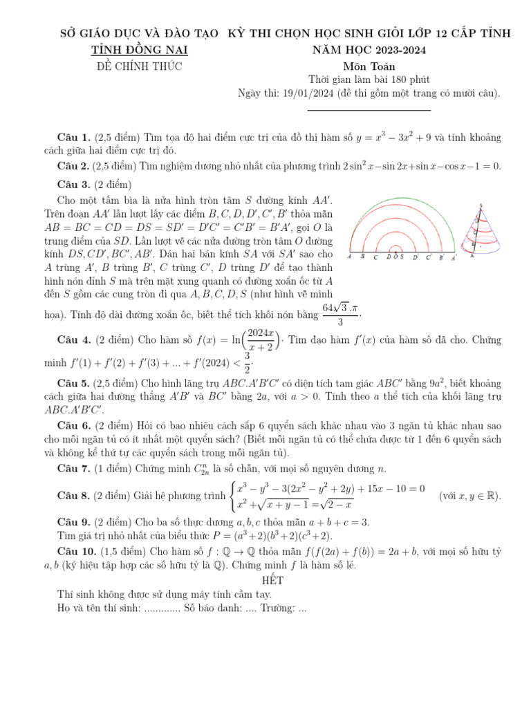 De Hoc Sinh Gioi Toan 12 Cap Tinh Nam 2023 2024 So GDDT Dong Nai | PDF