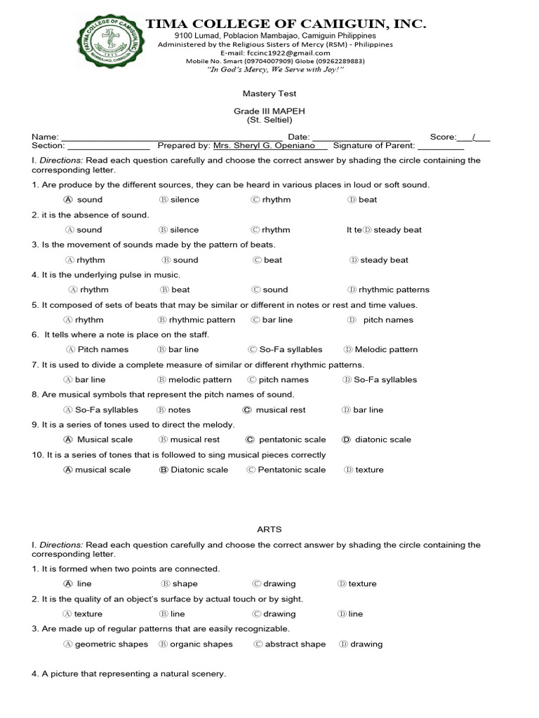 Grade3 Mastery Test | PDF | Drawing | Rhythm