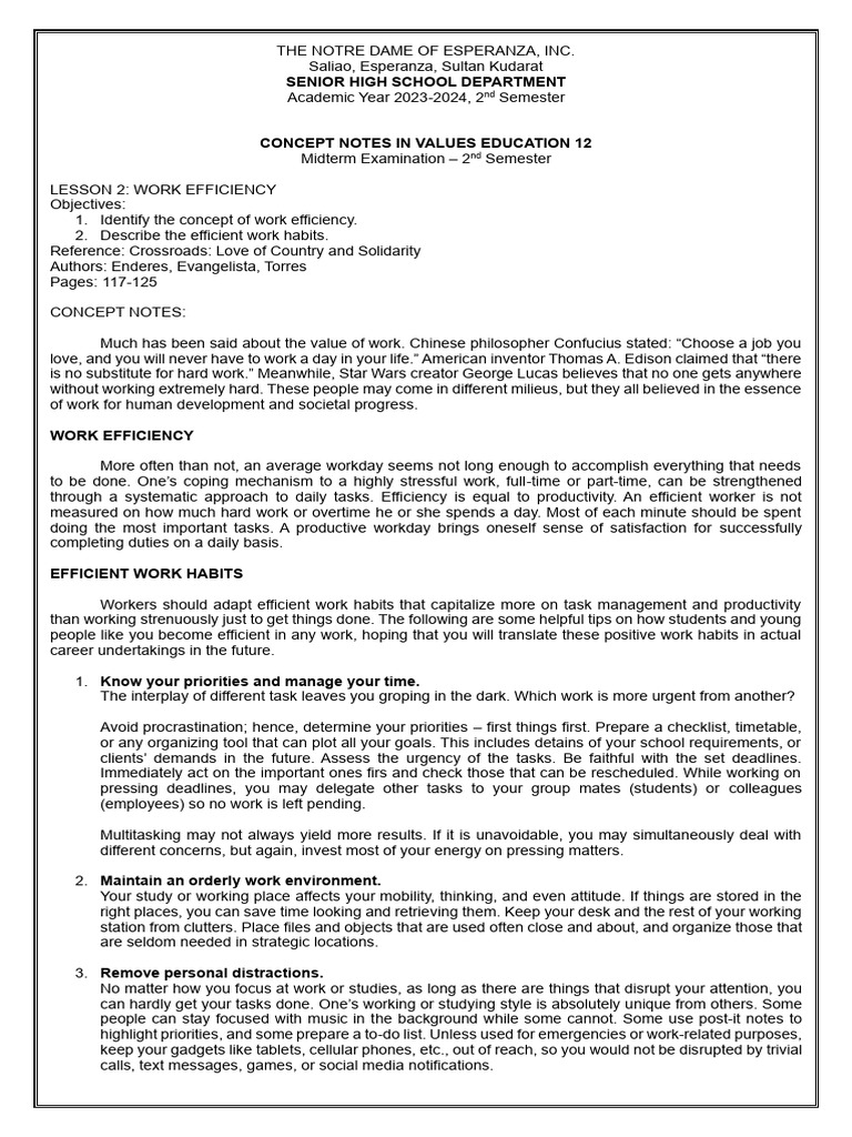 Values-Education-Grade-12-Midterm 2 | PDF | Time Management | Professional Skills