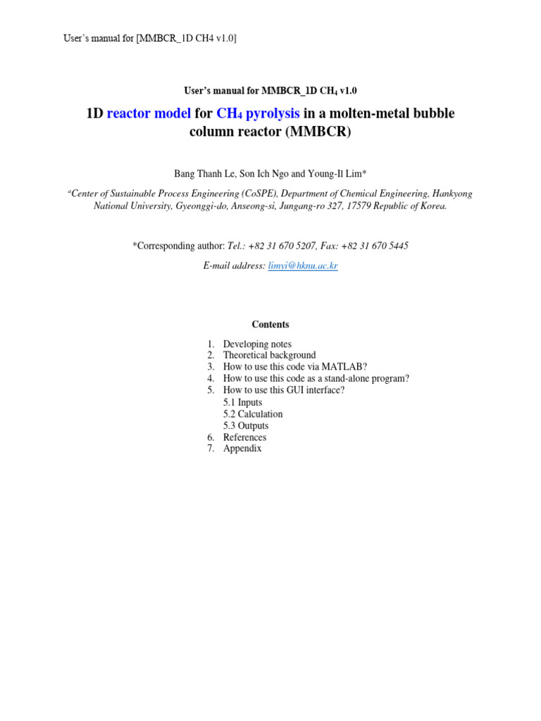 1D For in A Molten-Metal Bubble Column Reactor (MMBCR) : Reactor Model CH Pyrolysis | PDF ...