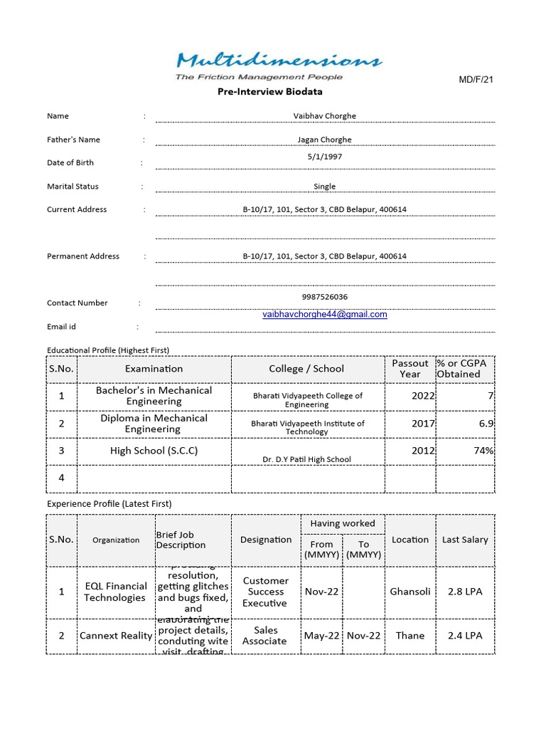 Pre-Interview Biodata | PDF | Labor | Employment
