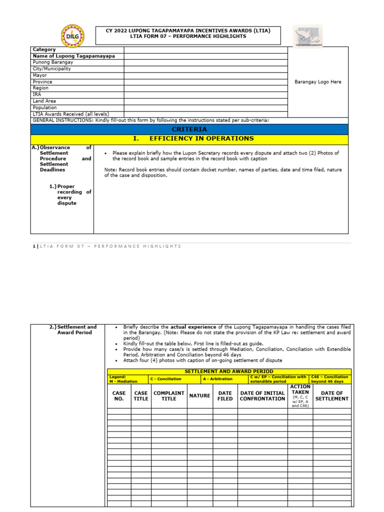 LTIA Form 07: Performance Highlights 2022 | PDF | Mediation