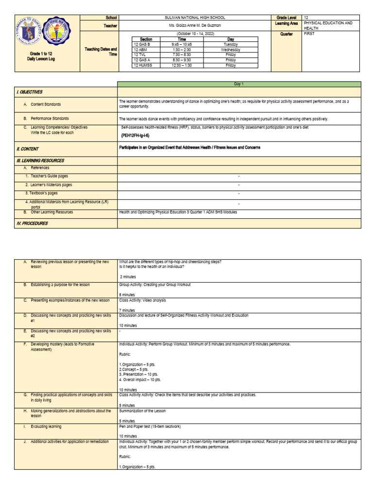 DLL P.E. Grade 12 Week 7 | PDF | Cognitive Science | Human Communication