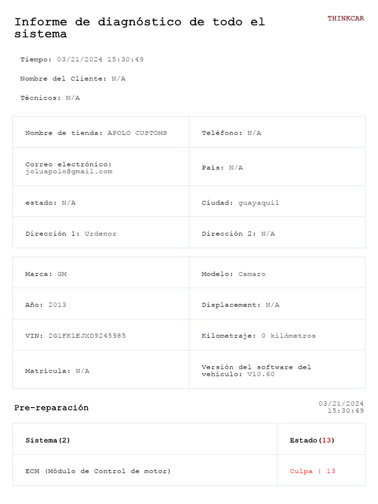 GM - Pre-Reparación - 2G1FK1EJXD9245985 - Informe de Diagnóstico de Todo El Sistema ...