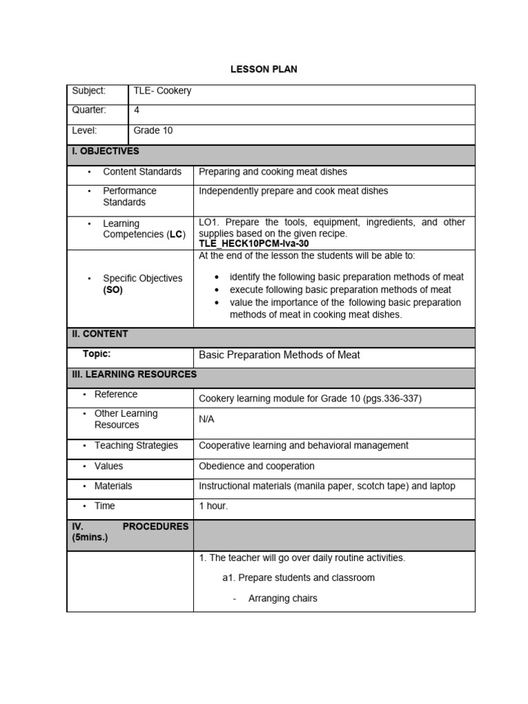 Lesson Plan Basic Preparation Methods of Meat | PDF | Steak | Foods