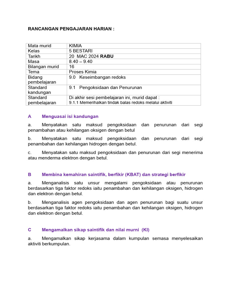 RPH Kimia T5 W1 Rabu | PDF