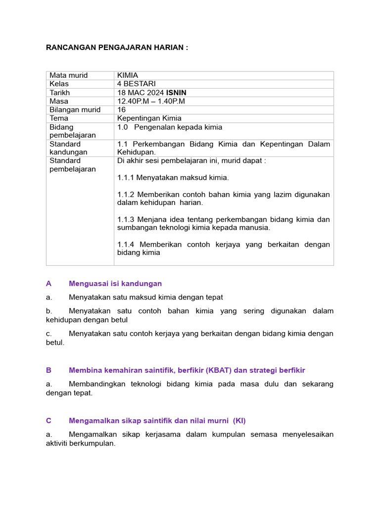 RPH Kimia T4 W1 Isnin | PDF