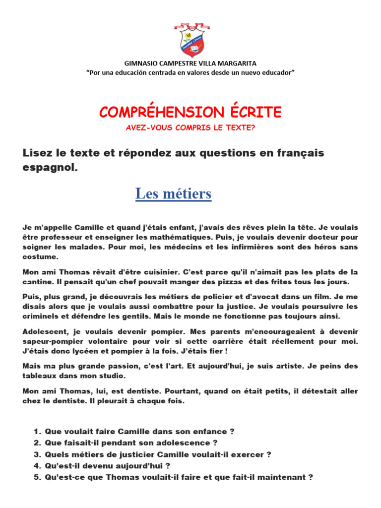 Compréhension écrite sur les métiers | PDF