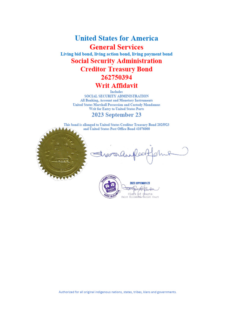 United States Social Security Administration Creditor Bond + 262750394 ...