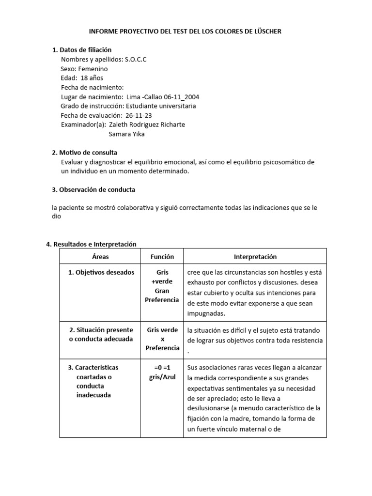 Modelo de Informe Del Test de Luscher - Tagged | PDF | Comportamiento ...