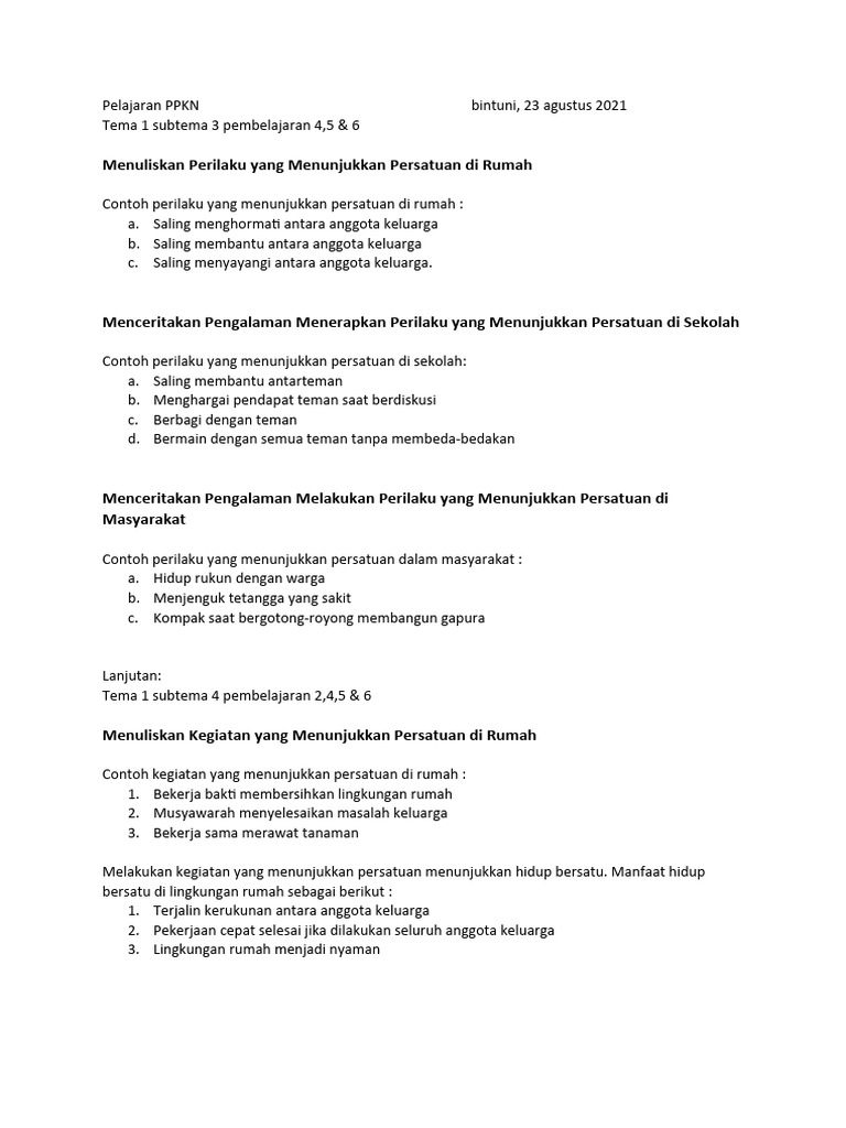 Pelajaran PPKN Kelas 3 Tema 1 Subtema 3 Dan 4 | PDF
