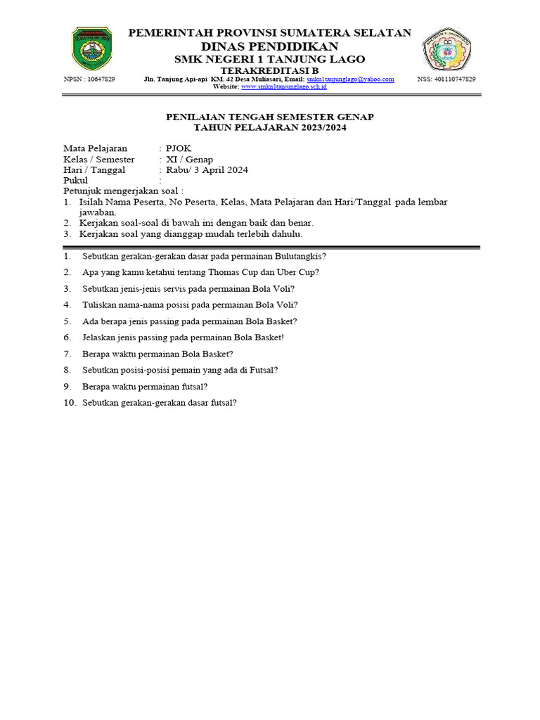 Ujian PJOK Kelas XI 2024 | PDF