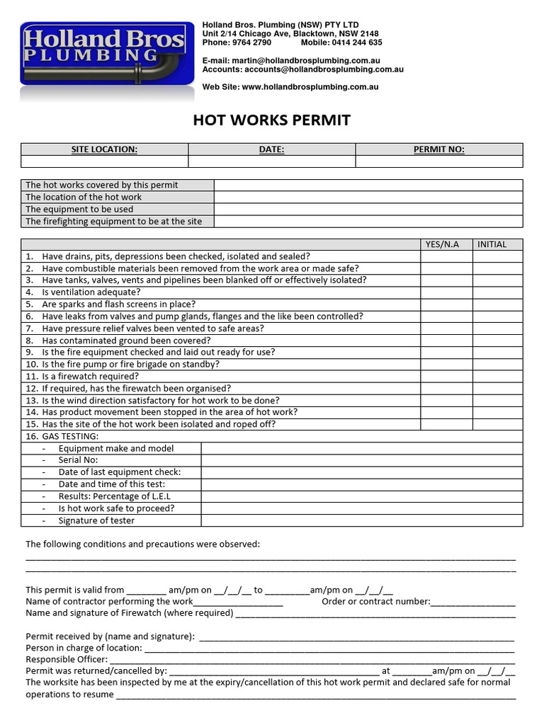 Hot Works Permit | PDF | Valve | Pump