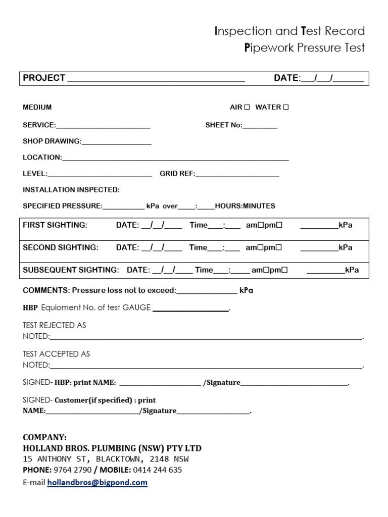 Pipework Pressure Test Record | PDF