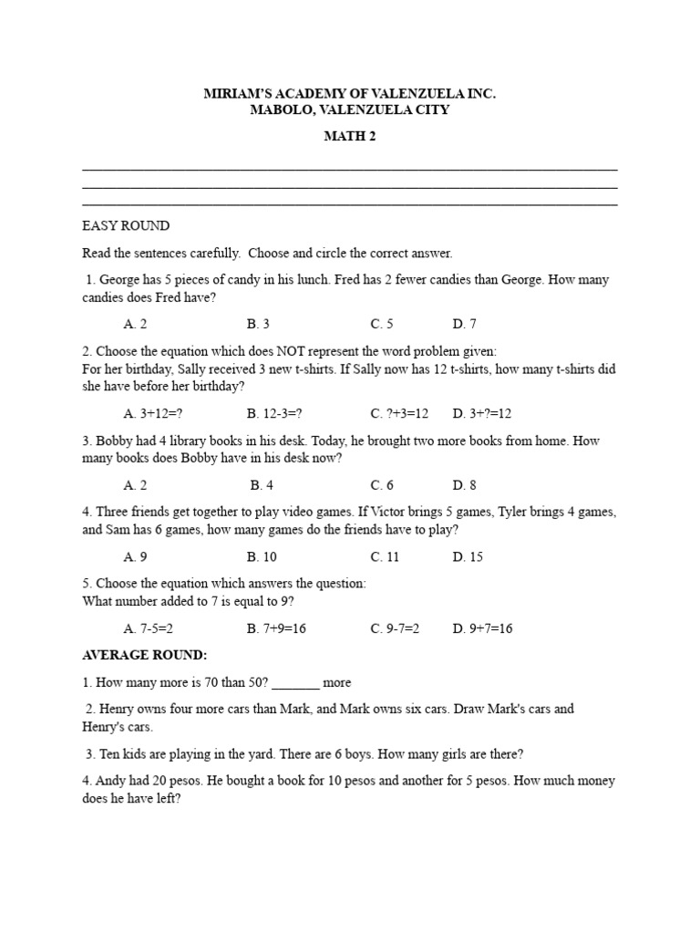 Grade 1 Maths Test Papers | PDF