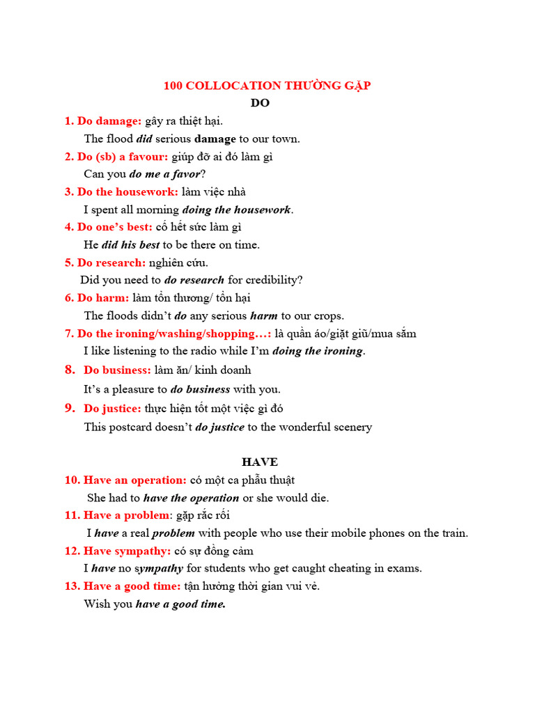 100 Collocations Thường Gặp | PDF | Vietnam