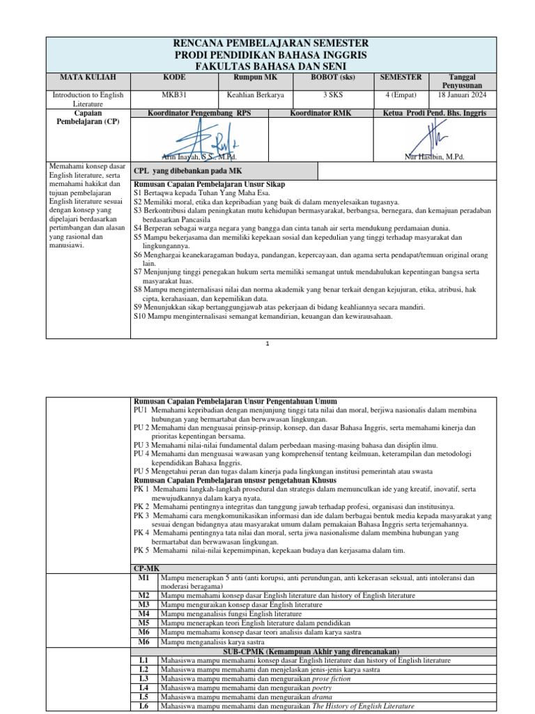 RPS Intro. To English Literature - Praktisi Fix | PDF