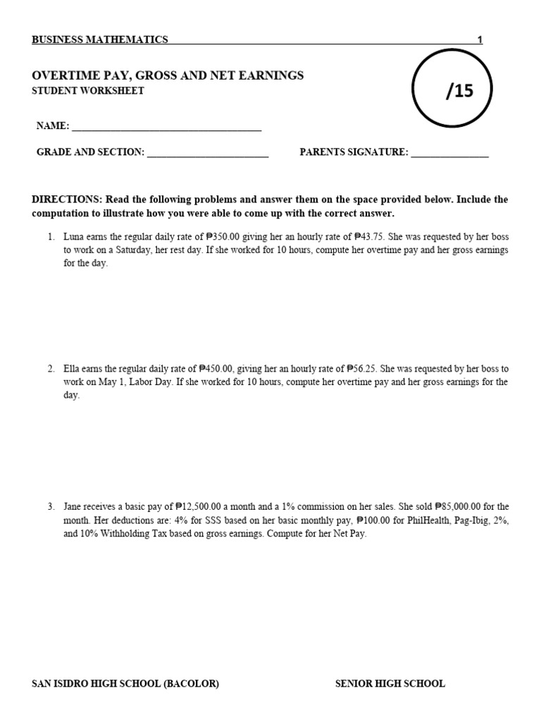 WORKSHEET - Payroll Deductions and Net Earnings | PDF