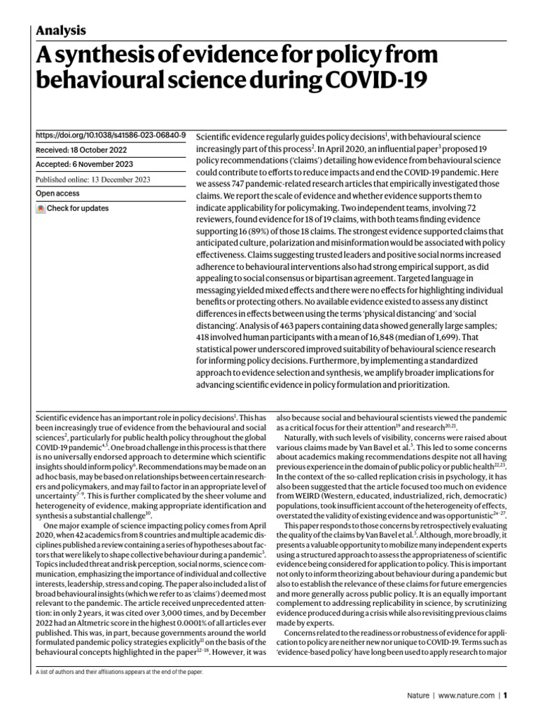 A Synthesis of Evidence For Policy From Behavioral Science During ...
