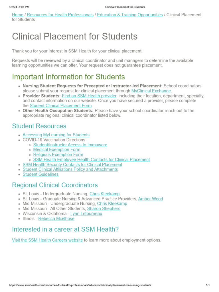 SSM Health = Clinical Placement for Students | PDF