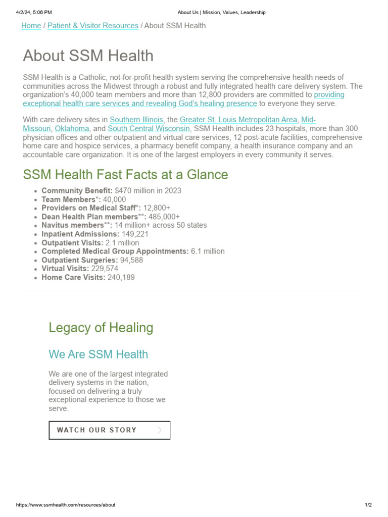 SSM Health About Us - Mission, Values, Leadership | PDF | Patient ...
