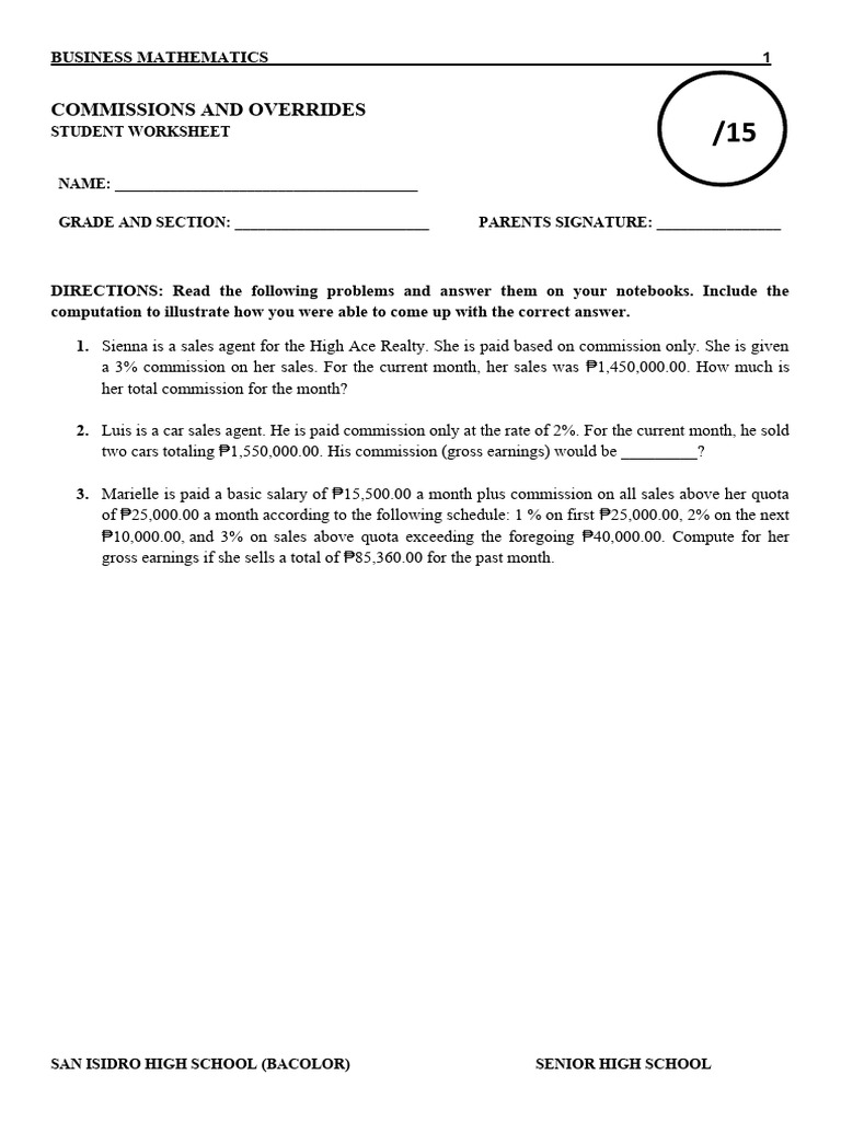 WORKSHEET - Commissions and Overrides | PDF