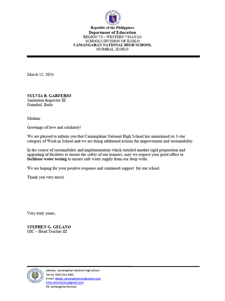 Letter For Water Testing | PDF