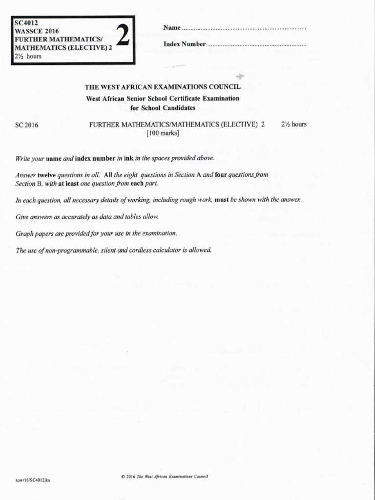 Wassce Elective Mathematics 2016 | PDF