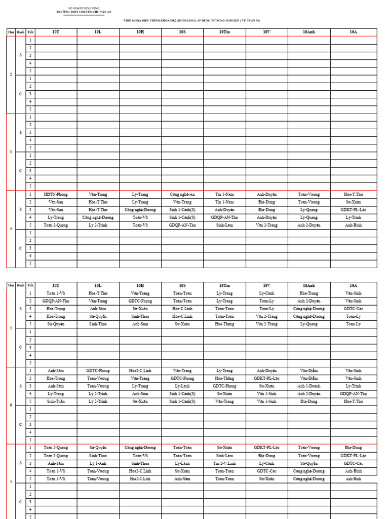 Cva TKB Chinh Khoa Hk2 Buoi Sang Tu 02-05-2023 Tuan 34 | PDF
