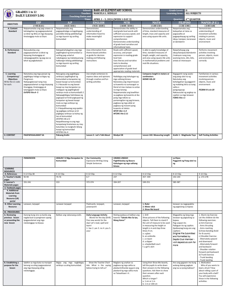 DLL - All Subjects 2 - Q4 - W1 - D3 | PDF | Learning