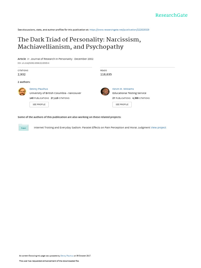 Dark Triad: Narcissism, Machiavellianism, Psychopathy | PDF | Dark ...