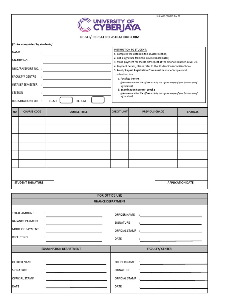 UoC-ARE-FRM010 Rev 00 Re-Sit & Repeat Registration Form | PDF