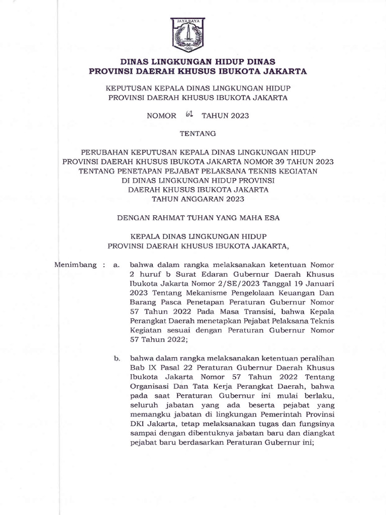 SK Kadis No. 61 Tahun 2023 TTG Perubahan Keputusan Kepala Dinas LH Nomor 39 THN 2023 TTG PPTK ...
