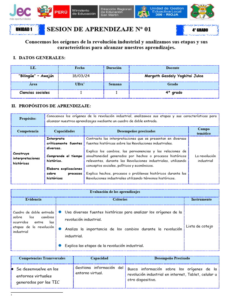 Sesion de Aprendizaje #01 - 4to CC - SS | PDF | Aprendizaje | Evaluación