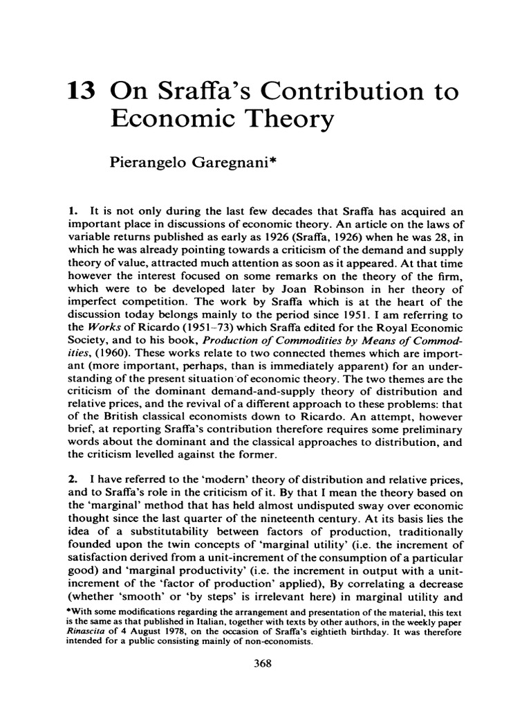 Sraffa's Impact on Economic Theory | PDF | Economics | Classical Economics
