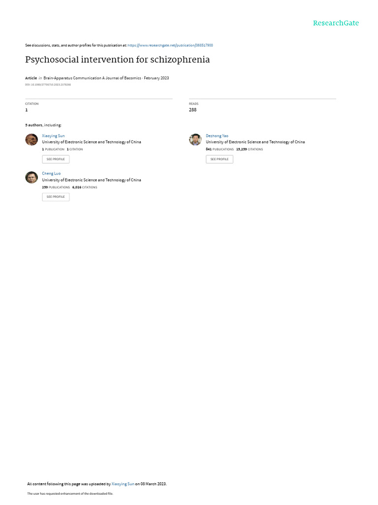 Psychosocial Intervention For Schizophrenia: Brain-Apparatus ...