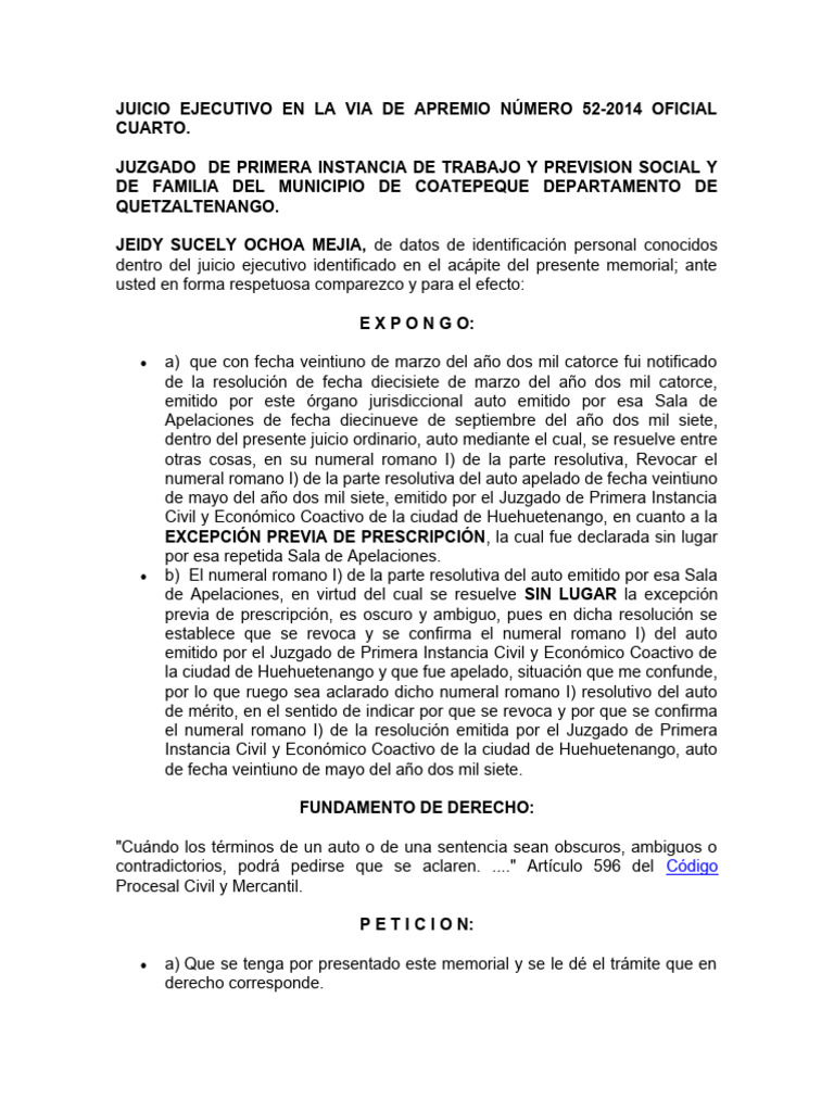 Recurso de Aclaración Jeidy Sucely Ochóa Mejía | PDF | Apelación ...