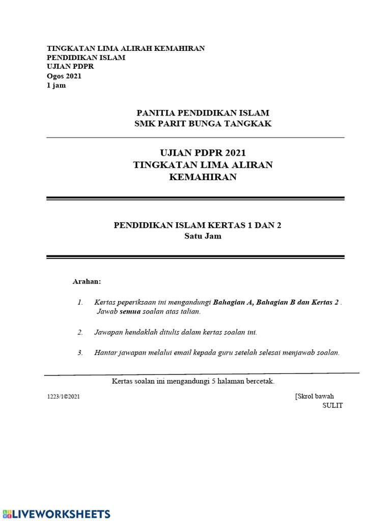Ujian PDPR 2021 Tingkatan Lima Aliran Kemahiran: Panitia Pendidikan ...