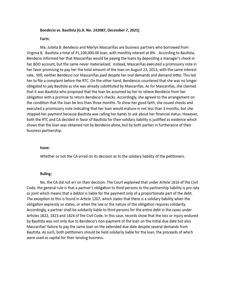 Bendecio vs. Bautista | PDF | Loans | Promissory Note