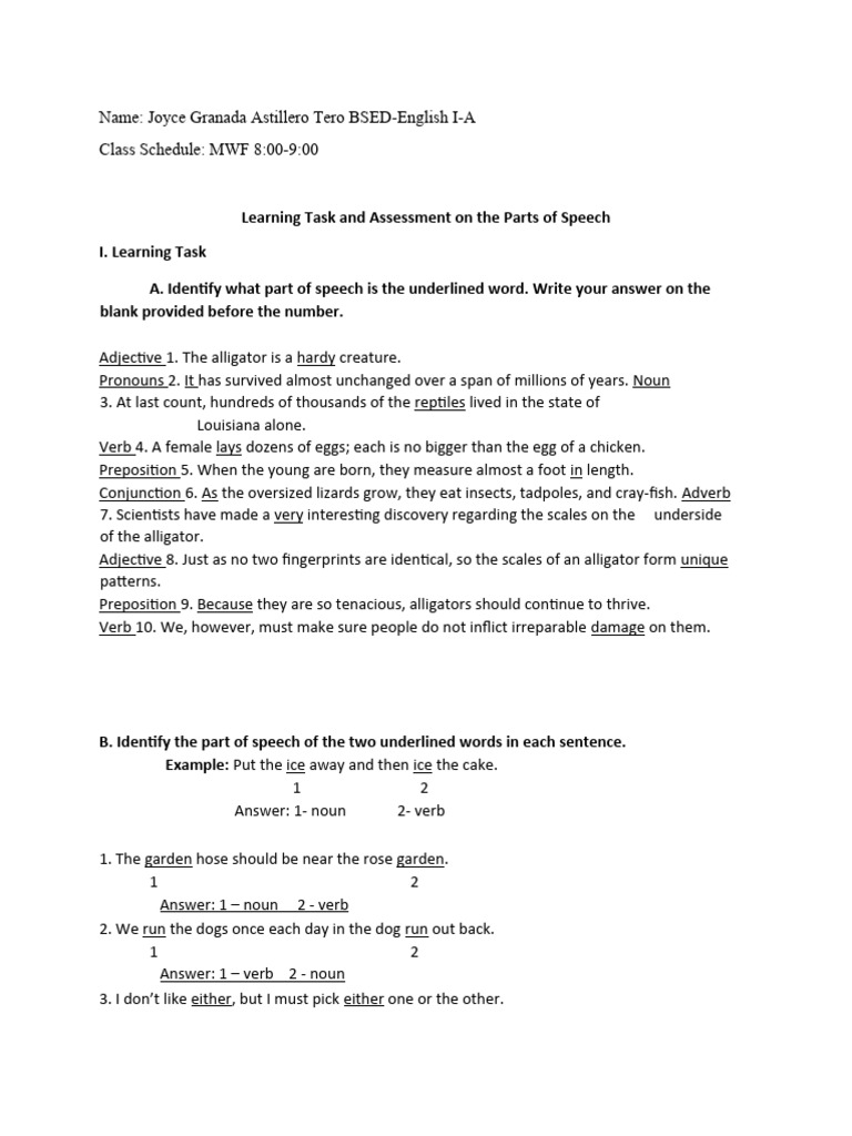 JOYCE TERO-BSED-ENGLISH-I-A-ELng-103-Learning-Task-and-Assessment-on-the-Parts-of-Speech-1 | PDF ...
