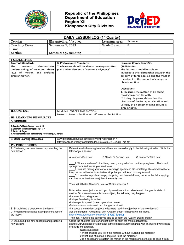 Daily Lesson Log Grade 8 7 | PDF | Acceleration | Force