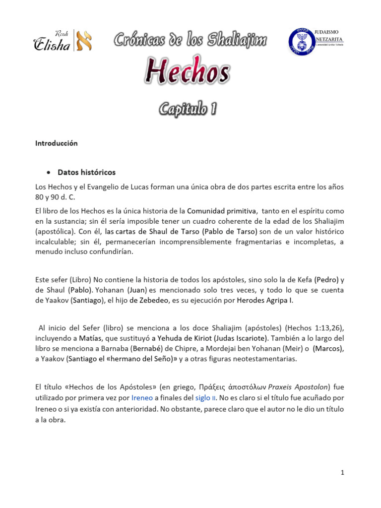 Hechos Parte 1 Introduccion y Cap 1 | Descargar gratis PDF | Hechos de los apóstoles