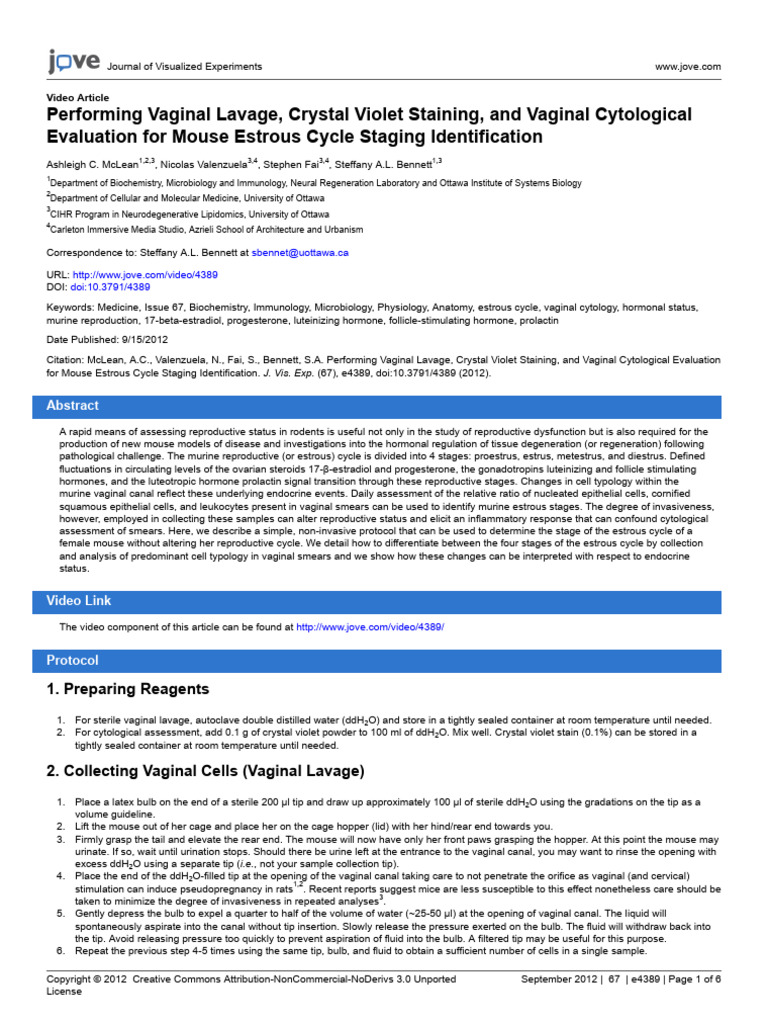(2012) Performing Vaginal Lavage, Crystal Violet Staining, and Vaginal Cytological Evaluation ...