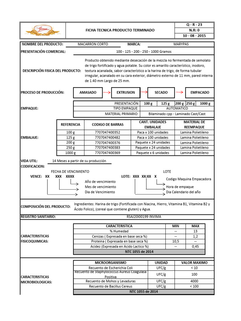 Ficha Técnica de Macarrón Corto Marypas | PDF | Trigo