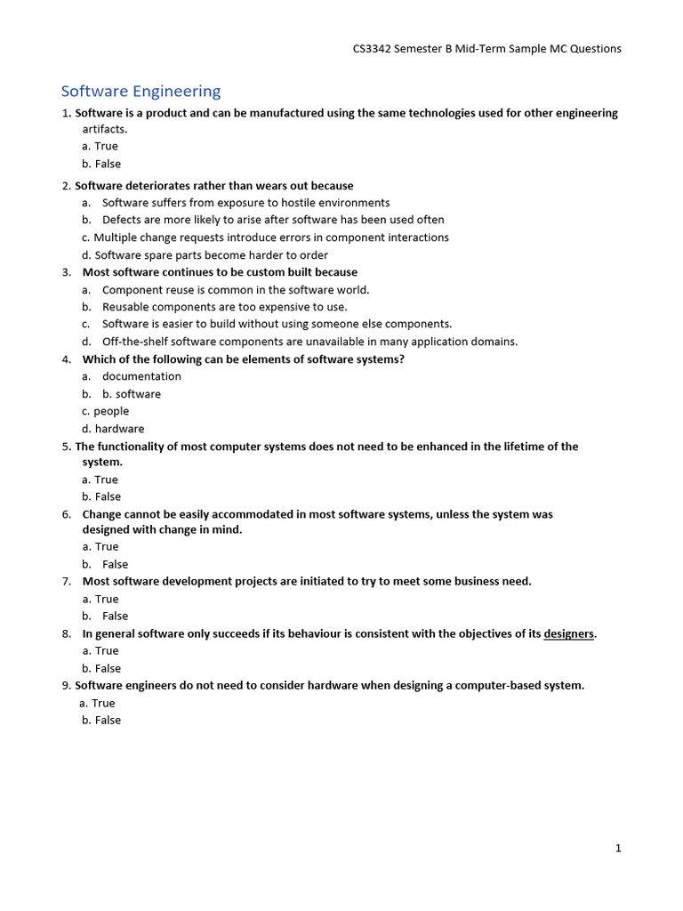 CS3342 Mid-Term Sample MC Questions | PDF | Software Development ...