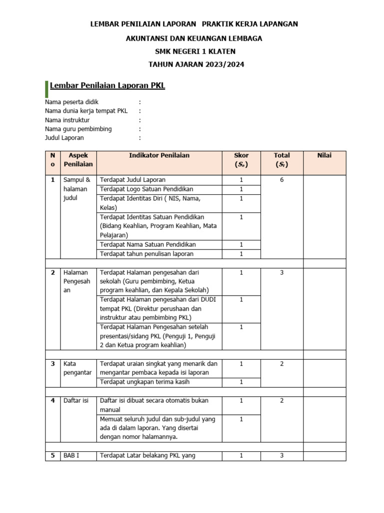 LEMBAR PENILAIAN PKL-2024 New | PDF