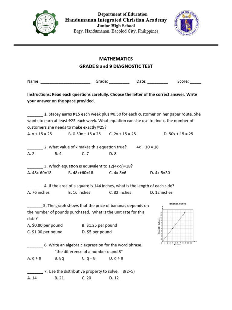 Grade 8 Math Diagnostic Test PDF | PDF | Mathematics | Mathematical ...