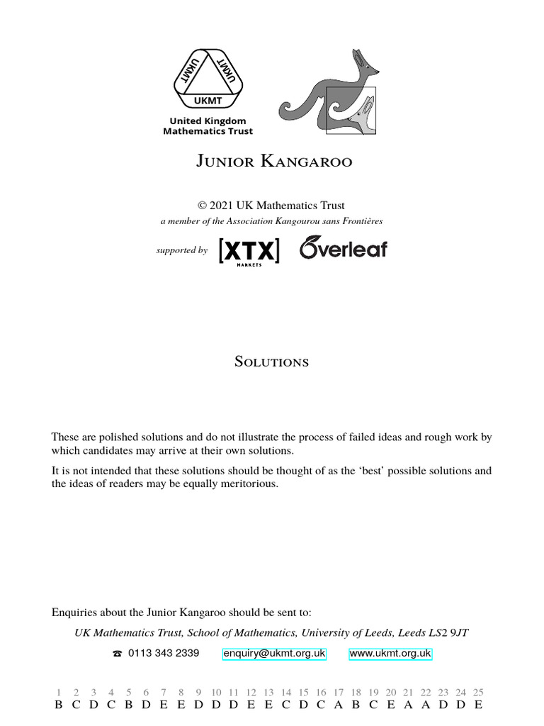 Junior Kangaroo 2021 Solutions Guide | PDF | Triangle | Area