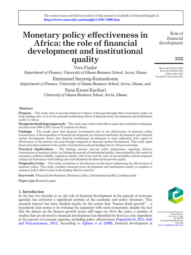 Monetary Policy Effectiveness in Africa The Role of Financial Development and Institutional ...